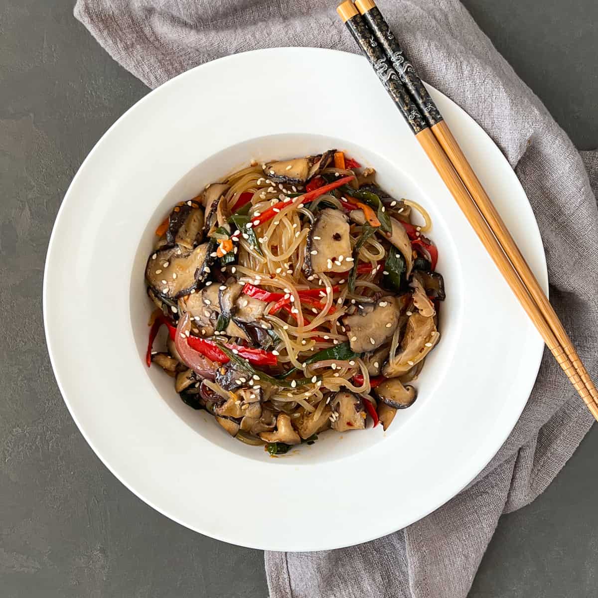 Vegan Japchae (Korean Glass Noodles Stir-Fry in 20 Minutes)
